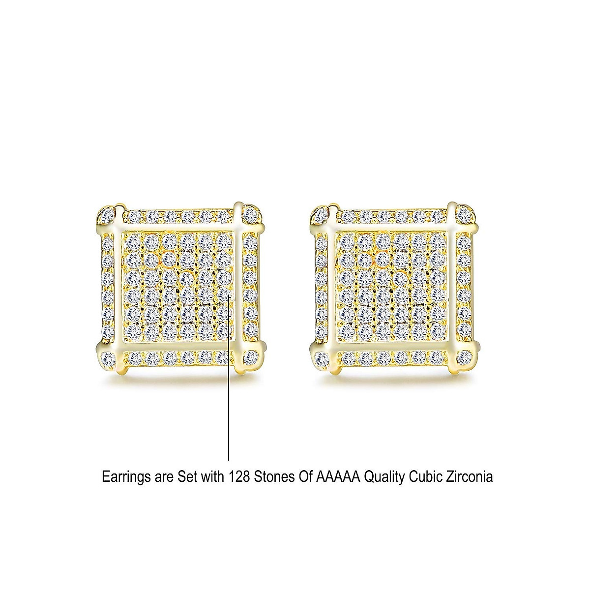 18K Gold Plated 925 Sterling Silver Iced Out Cubic Zirconia Screw Back Square Stud Earring For Men and Women Hypoallergenic Earring TwoTone Micropave Hip Hop Jewelry-Gold