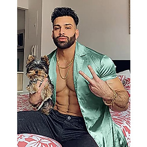 URRU Men's Luxury Shiny Silk Like Satin Dress Shirt Cuban Collar Short Sleeve Casual Slim Fit Muscle Button Up Shirts Light Green L