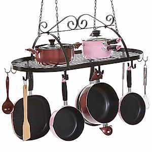 MyGift Black Scrollwork Metal Pot and Pan Ceiling Hanging Rack Heavy Duty Cooking Pans and Utensil Hanger with 10 Dual Hooks