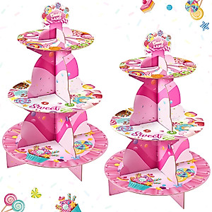 Zubebe 2 Pcs Candyland Party Decorations 3 Tier Cupcake Holder Candyland Decorations Pink Cupcake Stand Candyland Cardboard Cupcake Holder Candy Land Dessert Stand for Birthday Baby Shower Shop Party
