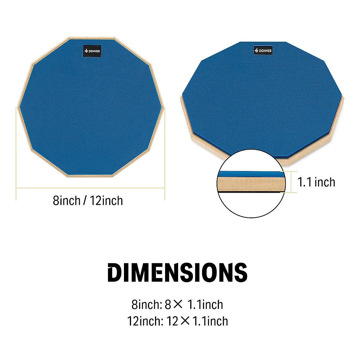Donner 12 Inches Drum Practice Pad Silent Drum Pad Set Blue 2-Sided With Drum Sticks