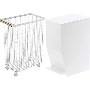 Yamazaki Home Wire Slim Saving Rolling Wheeled Clothing Hamper | Steel + Wood | Laundry Basket, One Size, White & Tower Sanitary Step Trash Can, One Gallon ?€? Small Home Waste Bin
