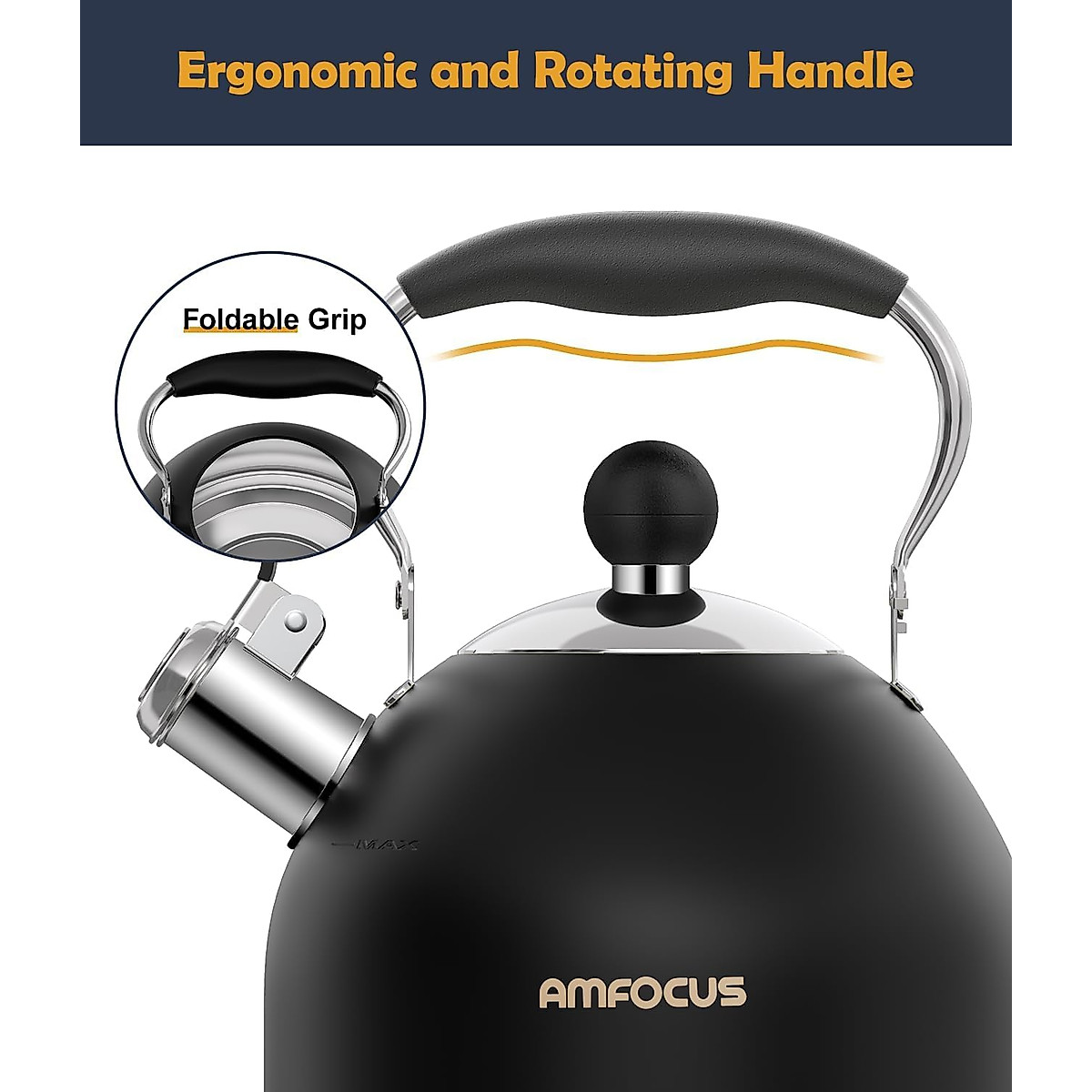 AMFOCUS Tea Kettle, 2 Quart Stainless Steel Whistling Tea Kettle, Stovetop Whistling Teakettle Tea Pots for Stove Top with Ergonomic Folding Handle, Small Teapot, Water boiler for Tea, Coffee (Black)