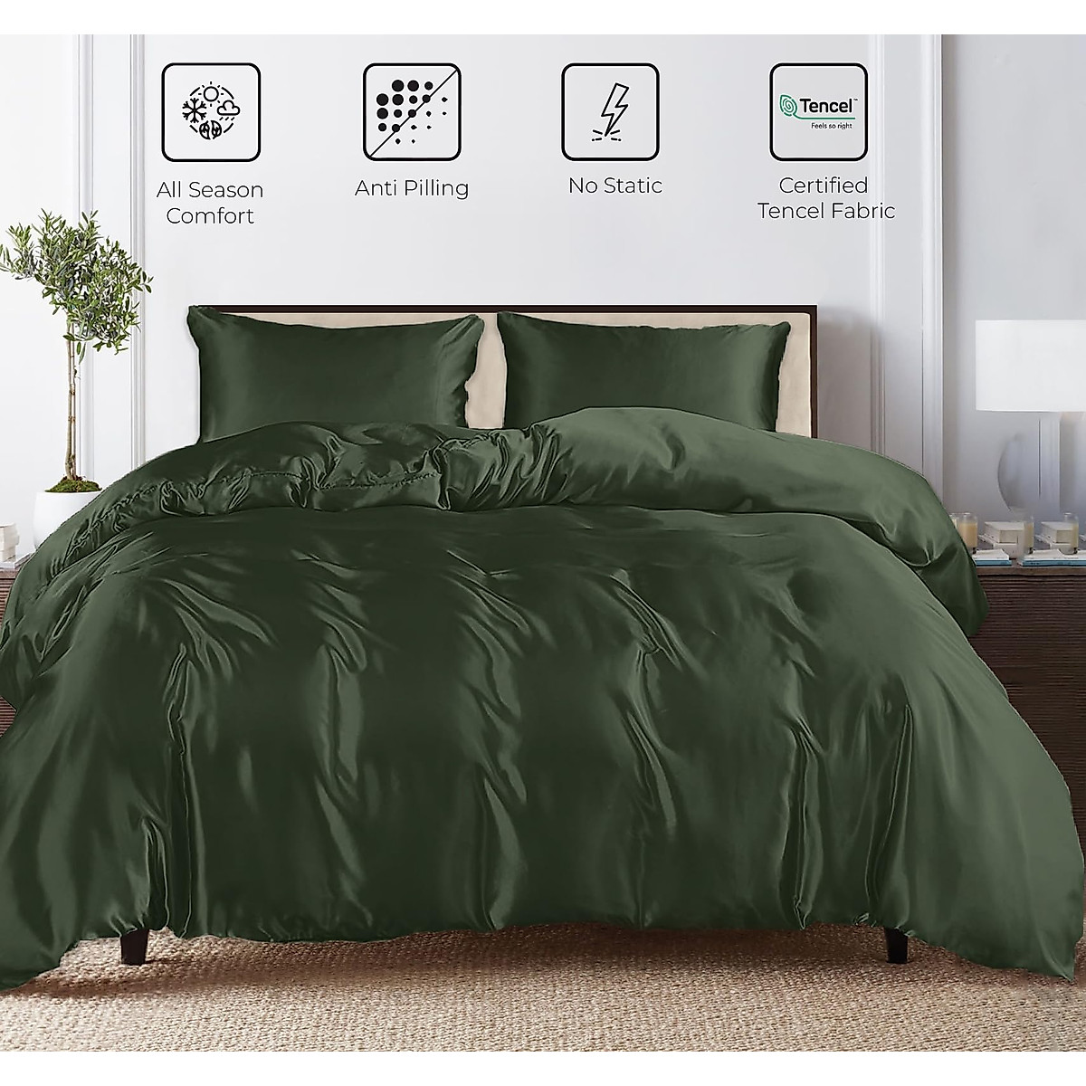 Linenwalas Tencel Lyocell Duvet Cover Set with Deep Pocket Fitted Sheet, Viscose Made from Eucalyptus Soft, Lightweight and Breathable Complete Bedding Set (Avocado Green, Full)