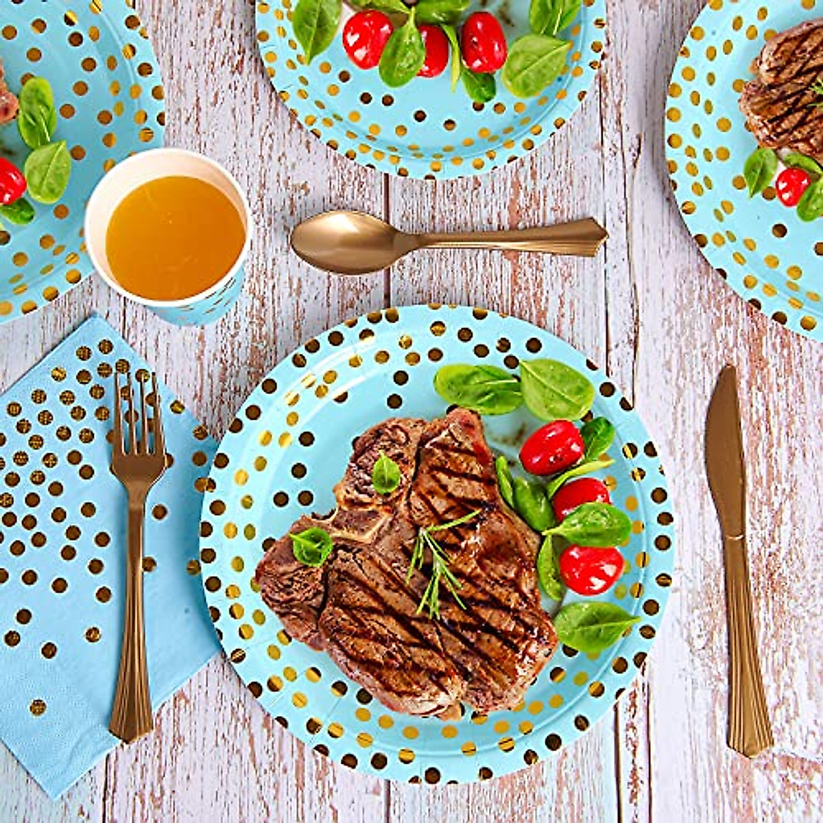 210 Piece Golden Dot Dinnerware Set 30 Guest - 60 Blue Paper Plates,30 Gold Plastic Silverware,30 Paper Cups,30 Paper Napkins, FOCUSLINE Disposable Party Dinnerware for Graduation Birthday Wedding