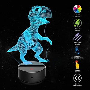 AmazeFan Dinosaur Night Light for Kids-3D Bedside Lamp 16 Colors Change Remote Control with 2 Acrylic Flats Best Christmas Birthday Gifts for Boys Girls Kids Baby (2 Dinosaurs)