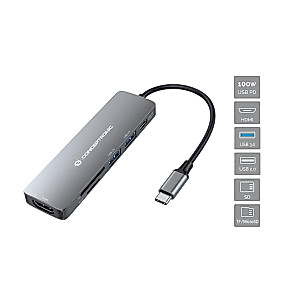 Conceptronic DONN11G Multi-Function 6-in-1 USB Adapter Hub USB-C to HDMI/USB-C PD/USB 3.0/USB 2.0/SD/TF Multiport Adapter