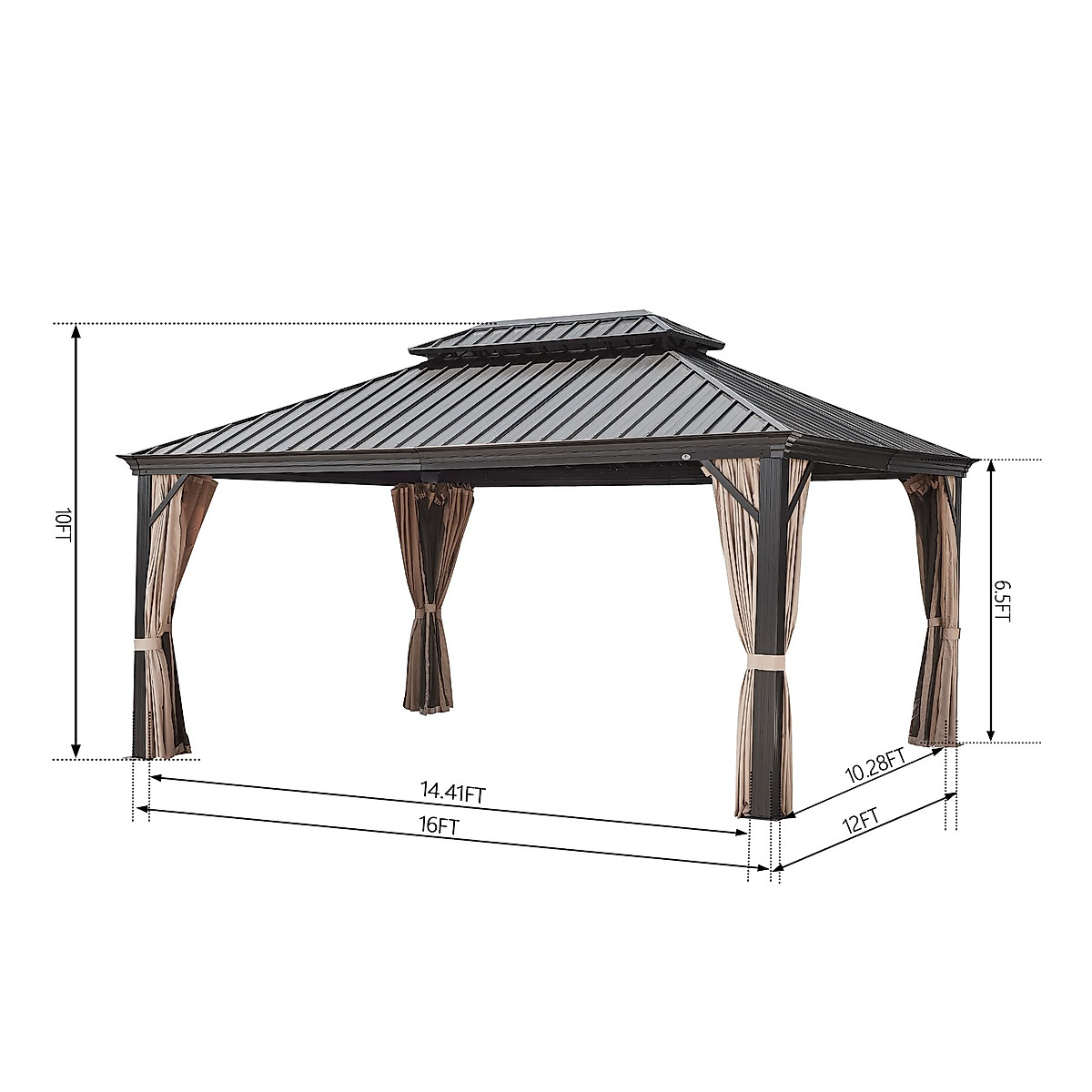 Ulax Furniture 12' x 16' Outdoor Gazebo Patio Permanent Hardtop Pergola with Aluminum Frame Galvanized Steel Double Roof Mosquito Net and Privacy Curtain