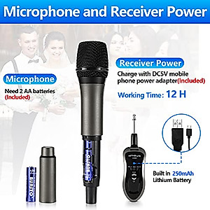 KITHOUSE Wireless Microphone-2.4GHz Metal Dual Handheld-Cordless Dynamic-Mic System-with Rechargeable Receiver-for Karaoke,Party,Speech,Meeting,Recoring,Wedding,Class Use-Auto Connect