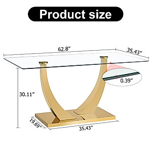63" Golden Base Glass Dining Table Set for 4, Kitchen Table and Chairs Set with Tempered Glass Table and 4 Pcs PU Faux Leather Chairs, Large Rectangular Dining Room Table Set for Kitchen Dining Room