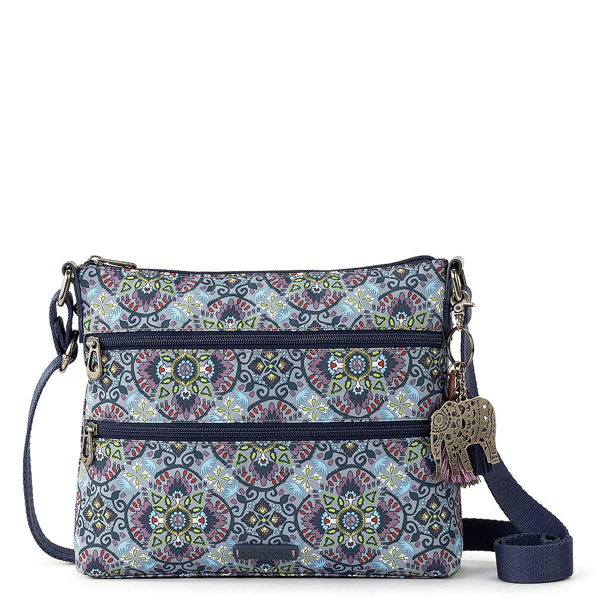 Sakroots Artist Circle Basic Crossbody in Eco Twill, Adjustable Crossbody Strap, Grey Mosaic World