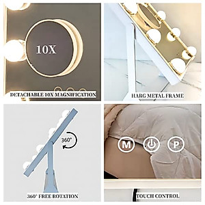 Acoolda Vanity Mirror with Lights, Hollywood Lighted Makeup Mirror with 9 Dimmable LED Bulbs, 3 Color Lighting Modes, Detachable 10X Magnification, 360°Rotation,White