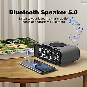 U-Trak Digital Alarm Clock with 15W Wireless Charging, Bedside Alarm Clock with USB Port, Bluetooth Speaker Alarm Clock with Dual Alarm, Adjustable Volume, Dimmer, Temperature, Night Light for Bedroom