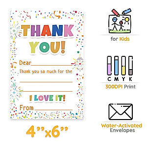 Vusnud 72Pcs Kids Thank You Cards, Fill in The Blank Thank You Notes with Envelopes from Teacher for Birthday (4x6 In)