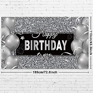 Silver Happy Birthday Banner Backdrop Silver Birthday Party Decorations Black White Balloons Happy Birthday Background Photo Photography Banner for Men Women Birthday Supplies, 72.8 x 43.3 Inch