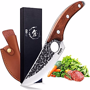 Huusk Viking Knife, Chef Knives Hand Forged Full Tang Boning Knives with Sheath Japanese Butcher Meat Cleaver Kitchen Japan knives Caveman Knife for Home or Camping