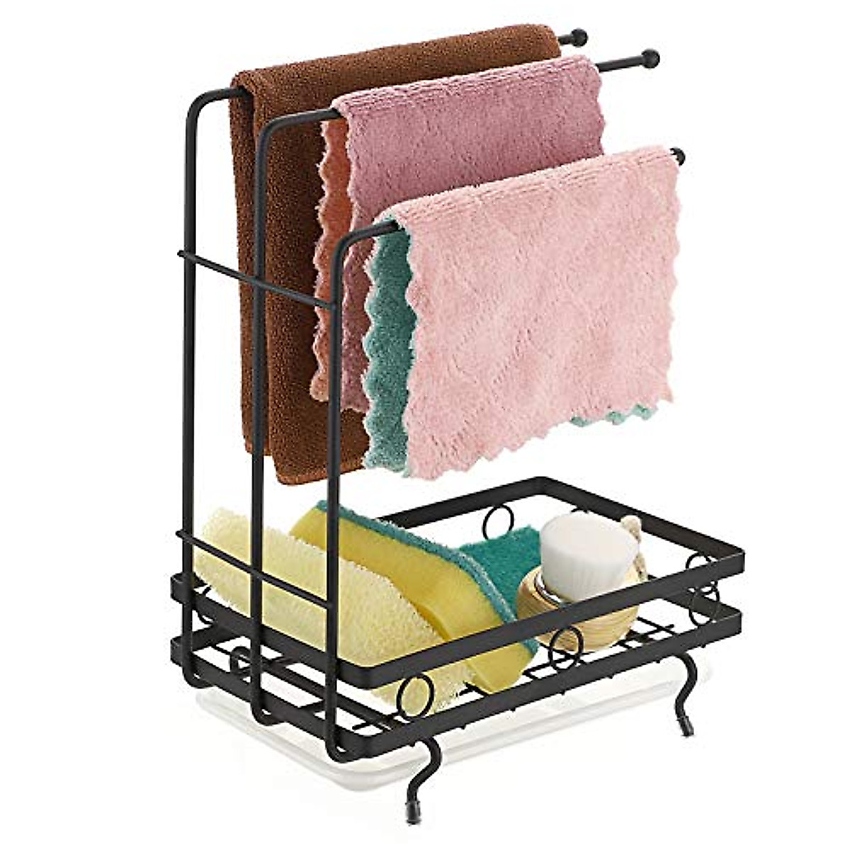 JUXYES Kitchen Sink Caddy Sponge Holder with Dishcloth Drying Rack, Kitchen Rag Stand Sponge Brush Soap Dish Dishcloth Rack Sink Storage Organizer for Kitchen Countertop (Black)
