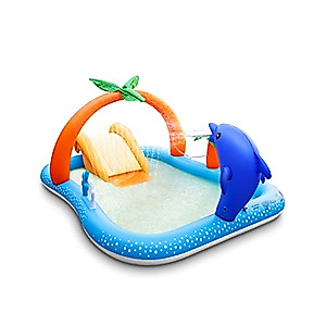 Inflatable Play Center, Kiddie Pool for Kids, Toddler Pool Seaside Water Lounge with Slide, Coconut Palm Sprinkler, Ball Toss Game, Ring Toss Game for Kids Children Ages 3+, 95'' x 75'' x 40''