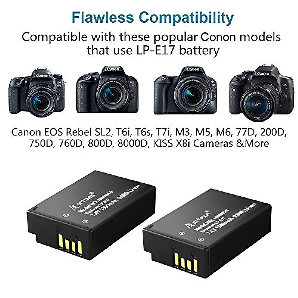 Artman LP-E17 Battery 2-Pack and USB Dual Charger Kit for Canon Eos RP R10 Rebel T8i T7i T6i T6s SL2 SL3 EOS M6 M5 M3 77D 200D 750D 760D, 800D 8000D KISS X8i DSLR Camera (Black)