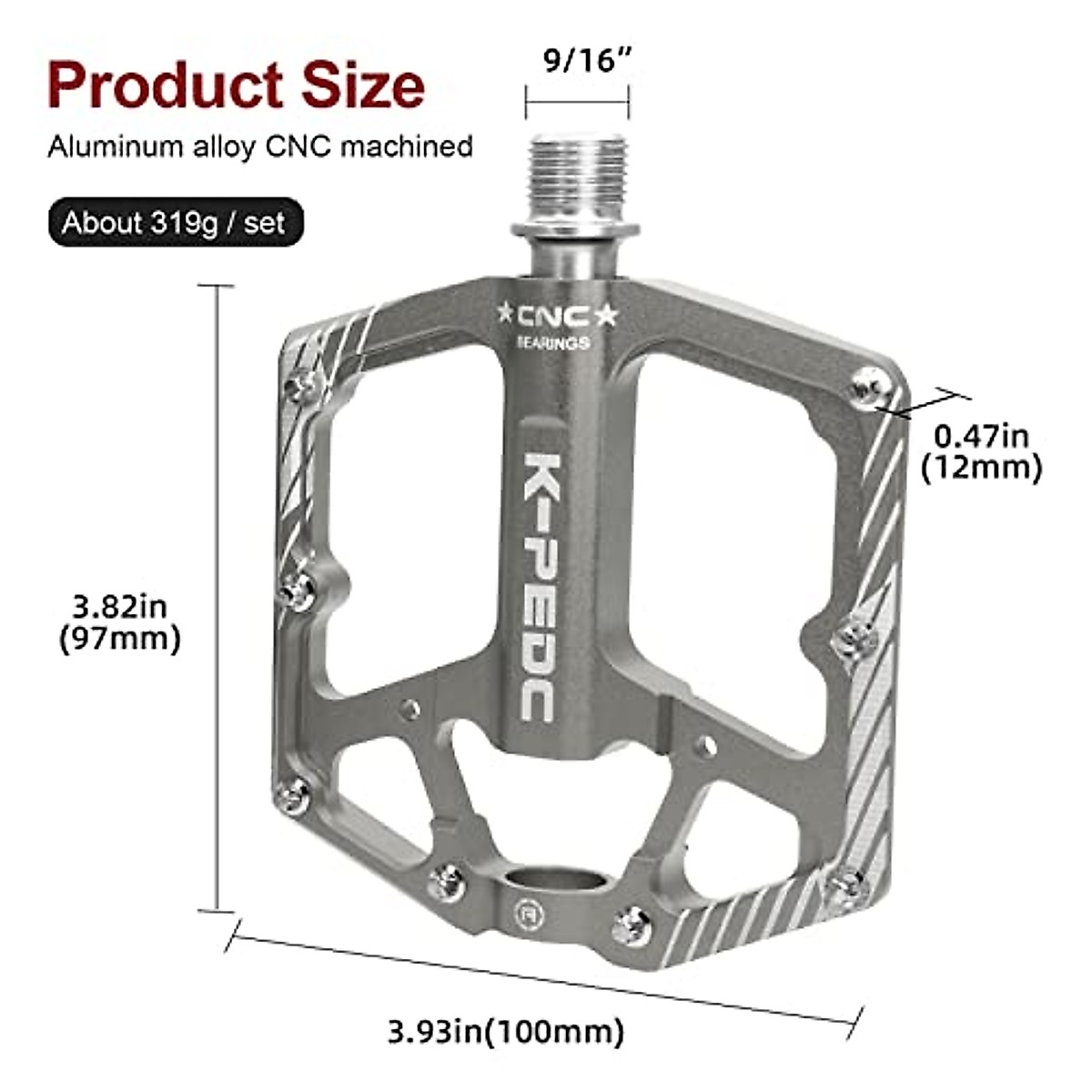 K PEDC Bike Pedal Aluminum Alloy 9/16" Bike Pedal MTB Wide Platform Flat Non-Slip Bicycle Pedals with 3 Bearings for Mountain Bikes, Road, BMX (TI 3bearings)