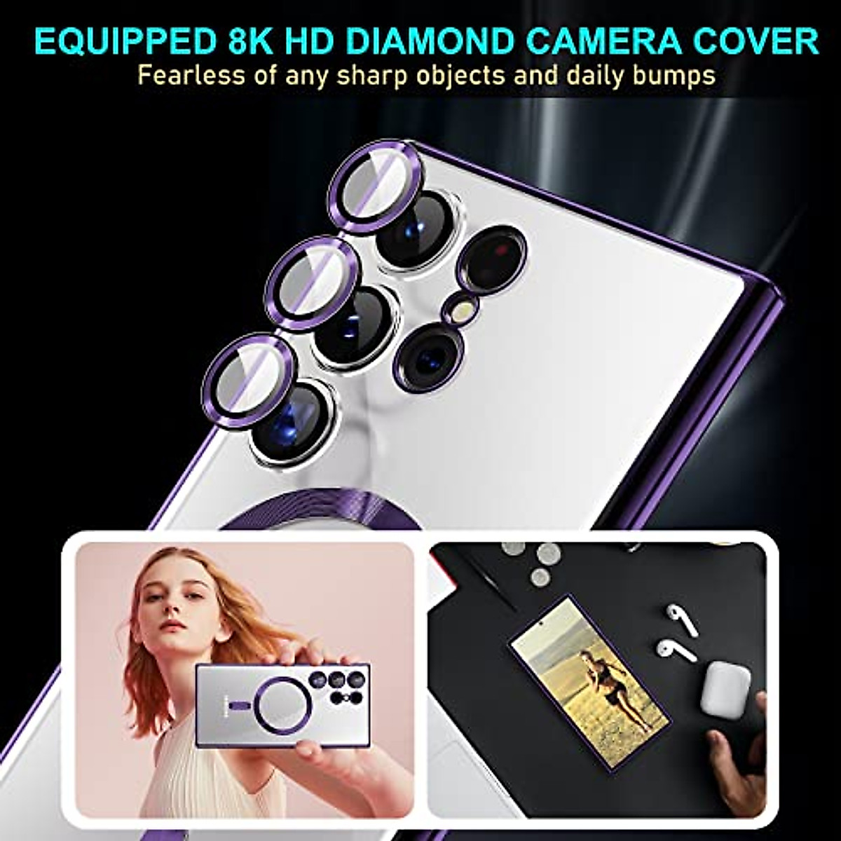 sheheme for Samsung Galaxy S22 Ultra Case,with Full Camera Lens Protector,Compatible with MagSafe,Clear Magnetic Case for S22 Ultra,Plating Anti-Scratch Slim Thin Case Cover for Men Women,Purple
