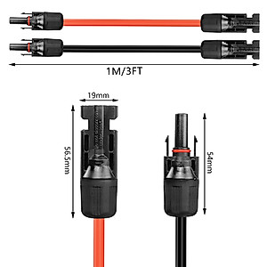 PNGKNYOCN 12AWG Solar Panel Extension Cord,3FT 4mm² Solar Panel Adaptor Cable (Black Cord + Red Cord) with Male and Female IP67 Weatherproof Connector