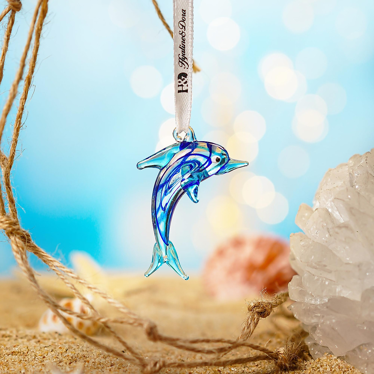 2'' Decorative Hanging Glass Dolphin Ornament,Glass Blown Mini Blue Dolphin Figurine Art Glass Christmas Ornament