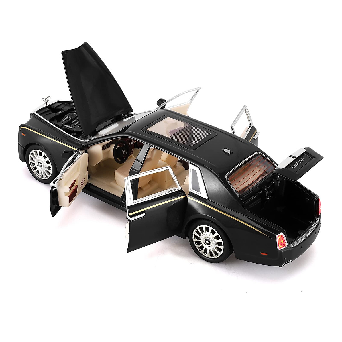 MYJJTYS Toy Car Rolls-Royce Phantom 1/24 Metal Die Casting Model Car for 3 4 5 6 7 Year Old boy Toy with Sound and Light,Classic Car Door Design, Car Logo Can be Folded(Black)