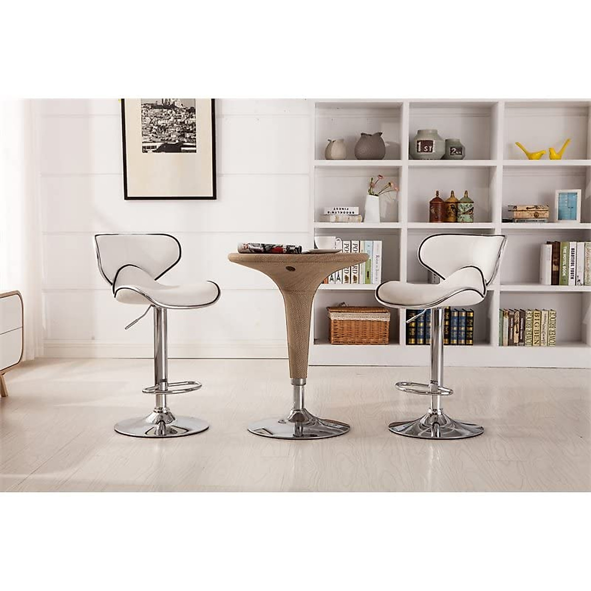 Roundhill Furniture Masaccio Cushioned Leatherette Upholstery Airlift Adjustable Swivel Barstool with Chrome Base, Set of 2, White