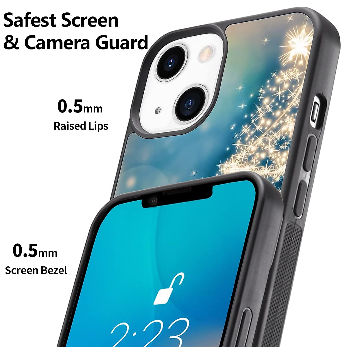 JOYLAND Christmas New Year Phone Case for iPhone 14 Pro,Christmas Tree Girly Protective Case Black Soft Silicone&Aluminum Hard Back Scratch Resistant Shockproof Cover for iPhone 14 Pro