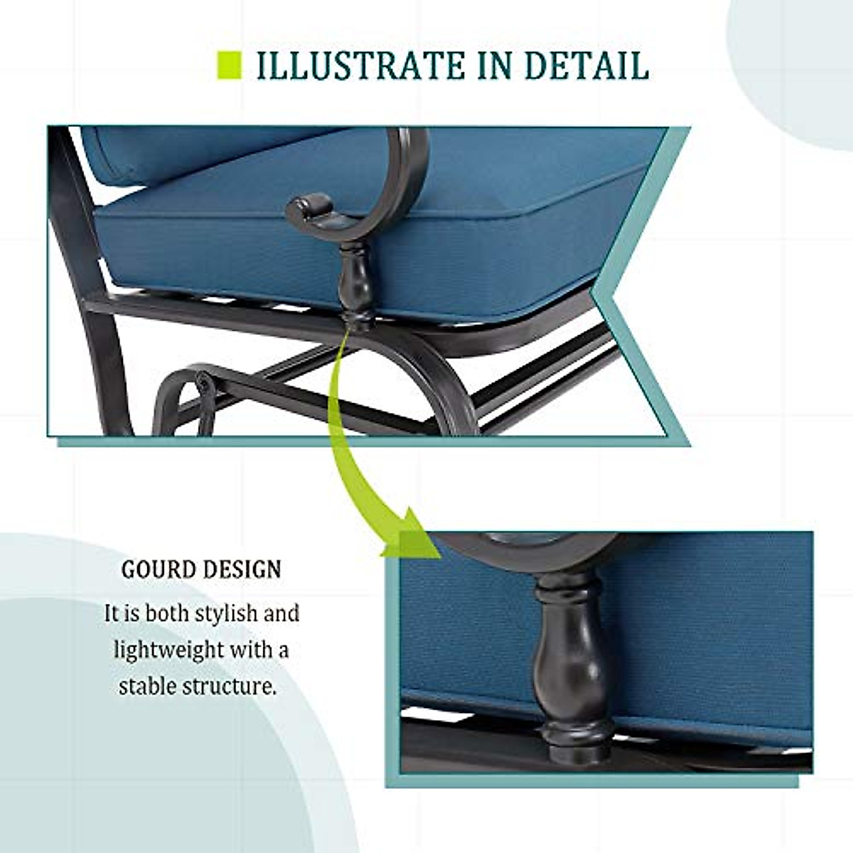 Oakmont 4 Pieces Outdoor Furniture Patio Conversation Set Glider Loveseat, 2 Chairs with Round Side Table Spring Lounge Chair Sets Metal Frame Wrought Iron Look (Peacock Blue)