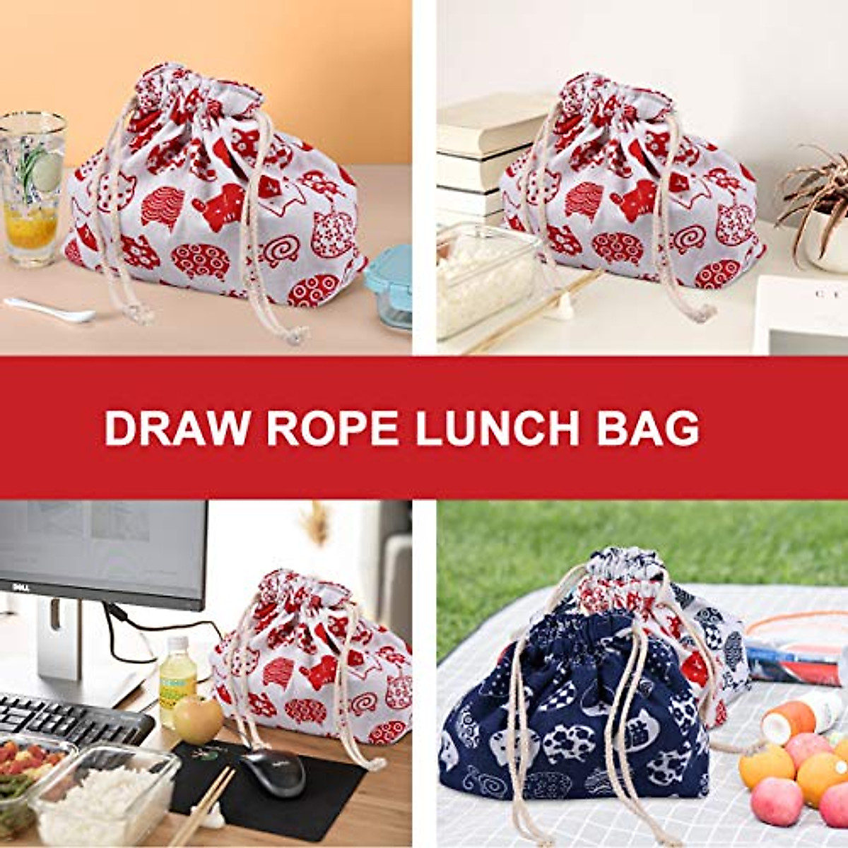 NUOBESTY Lunch Box Pouch with Drawstring Japanese Portable for Bento Boxes Tote Bag Picnic Office Outdoor Lunch Storage Handy Bags Cat Printed Red