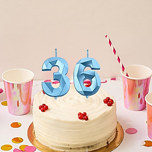 2 inch Blue 36 Birthday Candles, 3D Diamond Number 36th Cake Topper for Boys Girls Birthday Party Decorations Theme Party