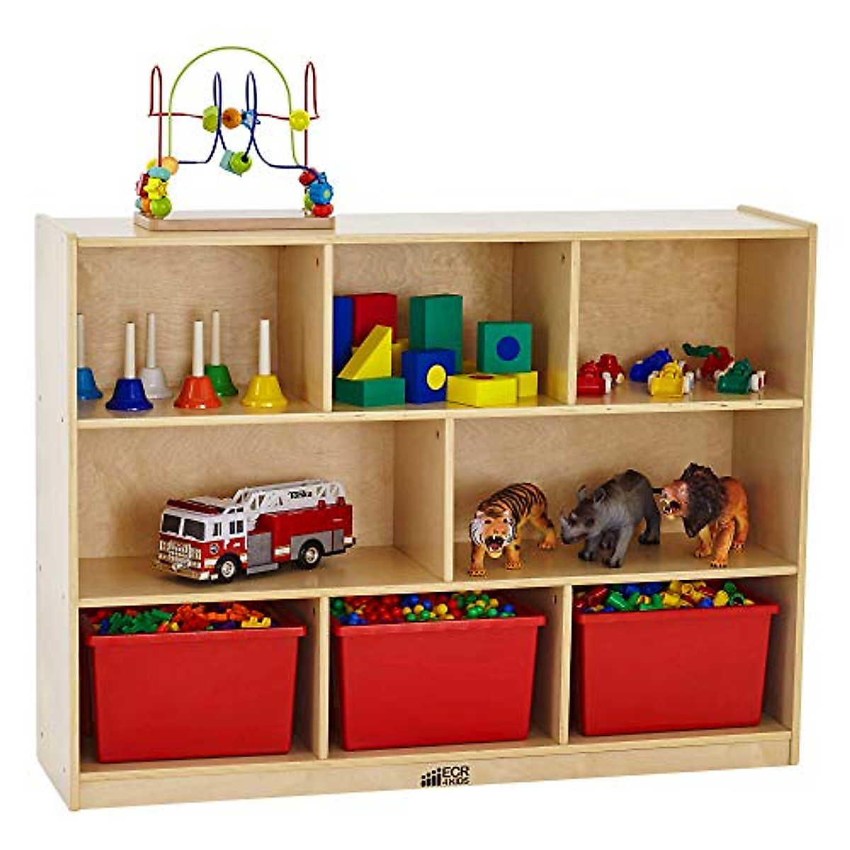 ECR4Kids 8-Compartment Mobile Storage Cabinet, 36in, Classroom Furniture, Natural