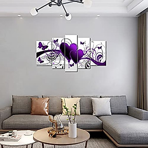 Yeawin Purple Love Butterfly Wall Art Purple Heart The Picture Print On Canvas 5 Panels Modern Abstract Artwork The Canvas for Home Living Dining Room Kitchen(Wrapped Canvas Wall Art,Ready to Hang)