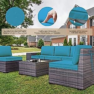 Grezone 6 Pieces Patio Outdoor Furniture Sets All Weather Wicker Sectional Sofa Couch Lawn Sectional Furniture with Washable Couch Cushions and Black-Glass Table (Blue)