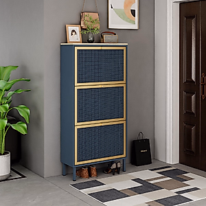 mixtavie Metal Rattan Shoe Cabinet with 3 Flip Drawers, 3-Tier, Free Standing, Hidden Shoe Storage for Entryway and Living Room, Blue (Set of 1)