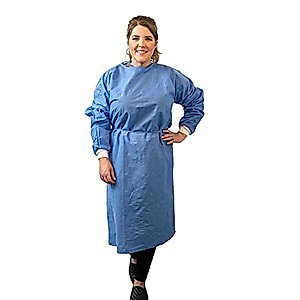 200-Pack Level 2 Disposable Isolation Gown Baluster Fully Closed Double Tie Neck and Waist, SMS 35g, Knitted Cuffs, Fluid Resistant, Blue, Unisex