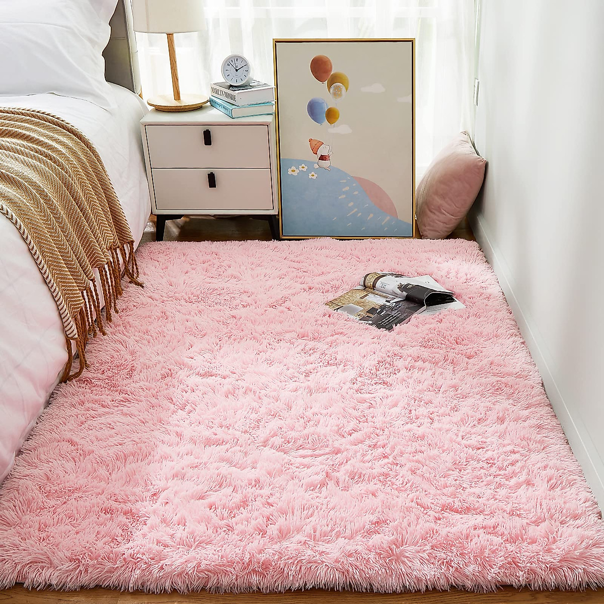 Ophanie Light Pink Area Rugs for Bedroom Girls, 4x6 Kids Fluffy Fuzzy Furry Shag Carpet, Plush Soft Cute Baby Shaggy Bedside Indoor Floor Rug for Teen Dorm Home Decor Aesthetic, Nursery