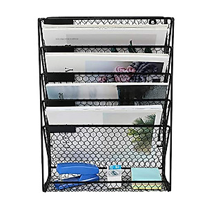PAG Hanging Wall File Holder Mail Organizer Metal Chicken Wire Wall Mounted Literature Rack, 6 Tier, Black