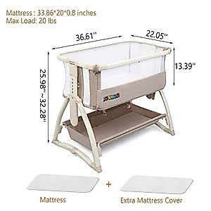 JOYMOR Bedside Sleeper Rocking Bassinet, Height Adjustable Breathable Net Bed Side Baby Cribs with Washable Mattress,Mosquito Net,Storage Basket for Infants, Beige