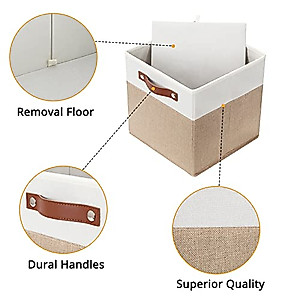 DULLEMELO 11 inch Cube Storage Bins,Fabric Storage Cubes for Organizing,Collapsible Foldable Linen Canvas Closet Storage Bins for Shelves Closet Bedroom Toys Home Office(White&Khaki)