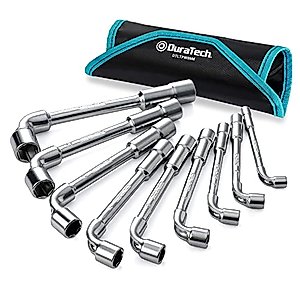 DURATECH L-Type Pipe Perforation Elbow Wrench Set, L Shaped Hex Socket Wrench Set, Metric, 9-Piece, 8-19mm, Chrome Alloy Steel, 6 Point, with Rolling Pouch
