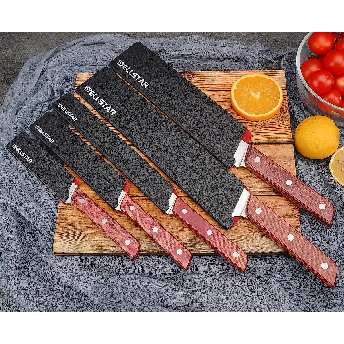 WELLSTAR Knife Edge Guards Set, 5 Piece Universal Blade Covers, BPA Free ABS Protective Blade Sheaths, Non-Scratch Felt Lining Kitchen Knives Covers (Knives not included)