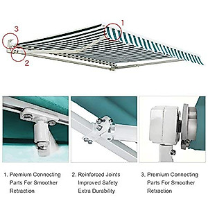 Diensweek Patio Awning Retractable 12'x10', Fully Assembled Manual Commercial Grade - Quality 100% 280G Ployester Window Door Sunshade Shelter - Deck Canopy Balcony P100 Series (Green/White Stripes)
