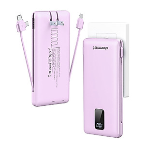 Charmast Portable Charger with Built-in Cables and AC Wall Plug, 10000mAh Ultra Slim Power Bank, External Battery Pack, Travel Accessories Compatible with iPhone 14/13, Samsung Galaxy, etc