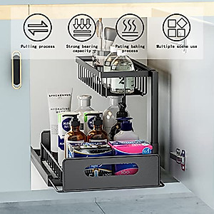 Under Sink Organizers,2-Tier Under Sink Organizers and Storage,Drill-Free Rustproof Stainless Steel Pull Out Shelf with Non-Slip Feet for Kitchen Bathroom, Black