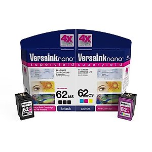 VersaInk-Nano HP 62 MS MICR Black Ink Cartridge for Check Printing & VersaInk-Nano 62 CS Tri-Color Ink Cartridge Pack