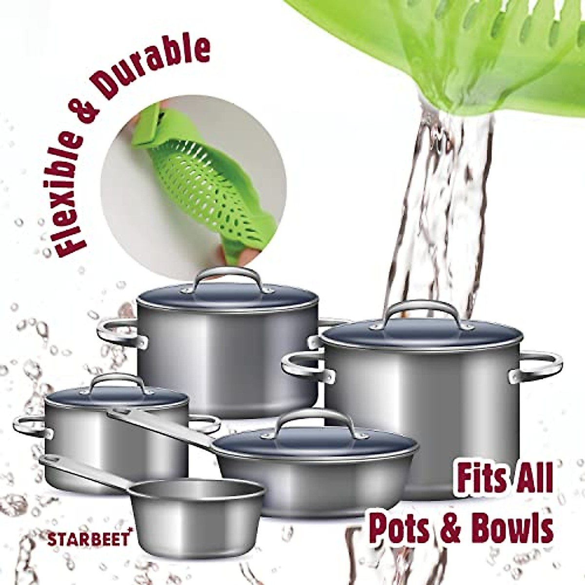 STARBEET Clip On Pot Strainer - Snap n Strain Silicone Food Colander - Fast, Easy, Straining for Noodles, Pasta, Meat, Fruits and Veggies. Fits Most Sizes Round Pots, Pans and Bowls.