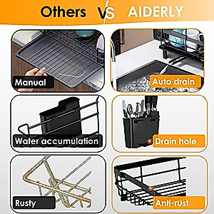 AIDERLY 2 Tier Dish Drying Rack Dish Racks for Kitchen Counter Metal Dish Drainers with Knife Cup Utensil Holder, Black